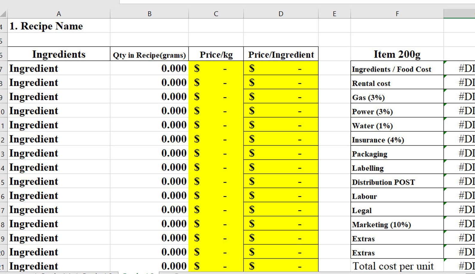 Food Cost / Product Costing Calculator for Business Owners / Excel ...