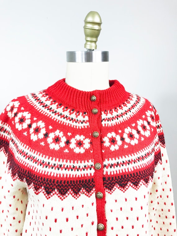 Vintage 1950s Fair Isle Red White Sweater - Nordic B… - Gem