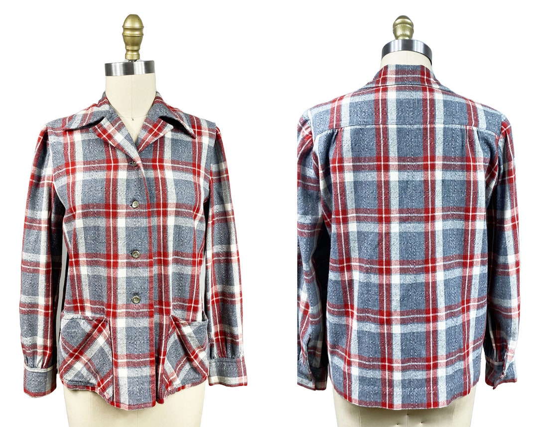 Vintage 1940s Plaid Shirt Jacket 49er Pendleton Style Red White Grey Size: Medium - Etsy
