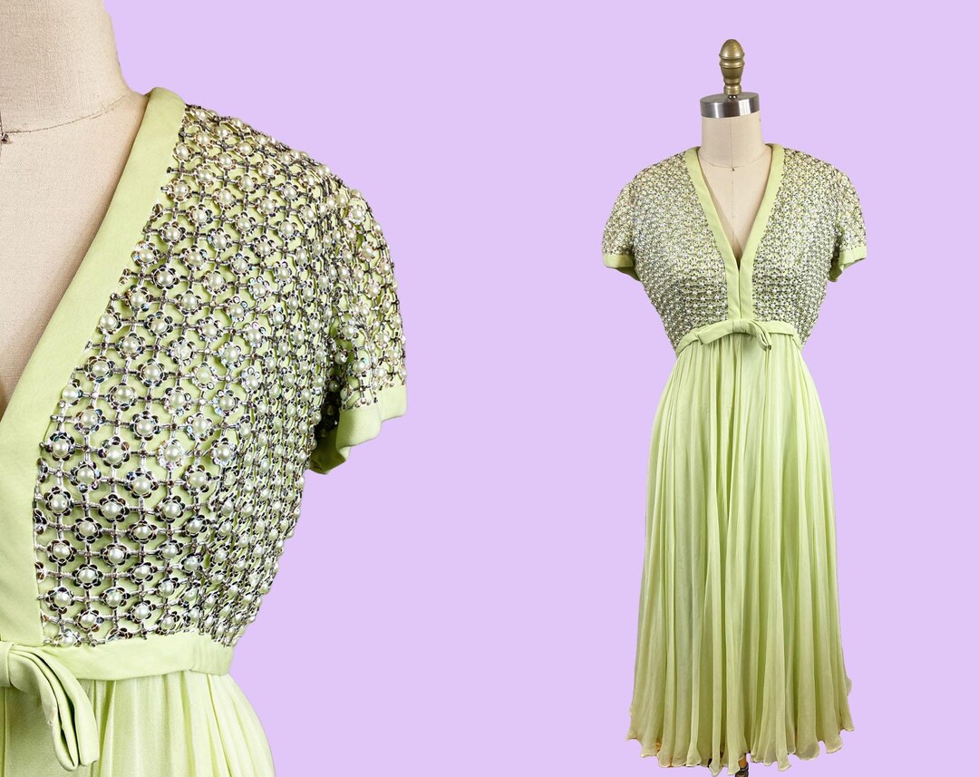 Vintage 1960s Light Green Dress - Checker Peal Sequin Silver Chiffon ...