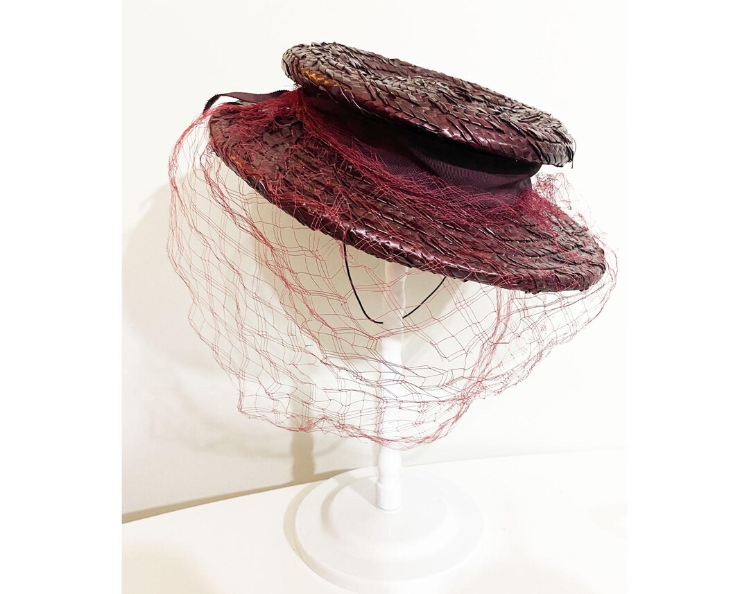 Vintage 1940s Burgundy Tilt Veil Hat - Netting Slant Straw - Etsy