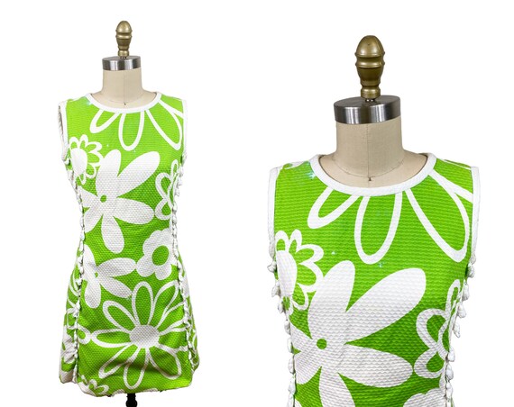 Vintage 1960s Green Mod Dress - White Floral Pom Pom … - Gem