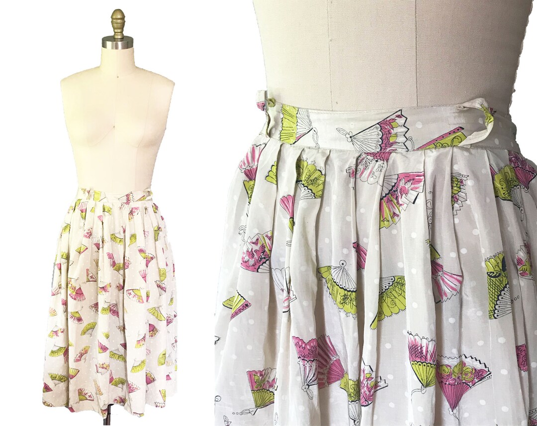 Vintage 1950s Novelty Pink Fan Skirt - Ivory Polka Dot Printed Waist-28 ...