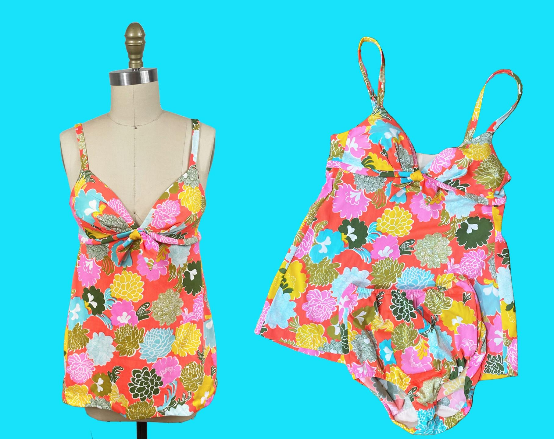 Vintage 1960s Bikini Two Piece Swimsuit - Orange Pink Blue Long Size: S ...