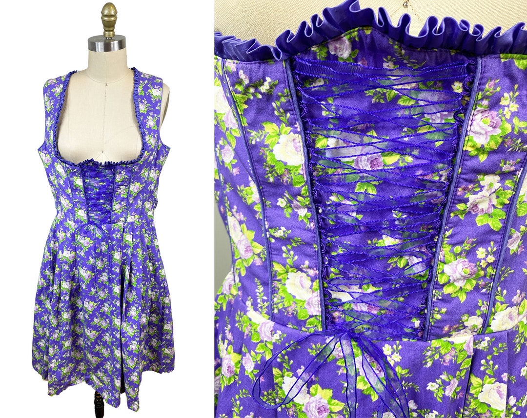 Vintage Dirndl Dress Purple Floral Corset Front Traditional Oktoberfest ...