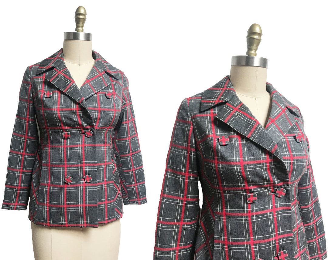 Vintage 1970s Grey Red Paid Suit Jacket - Covered Buttons Double ...