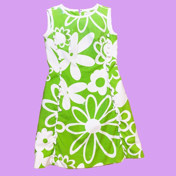 Vintage 1960s Green Mod Dress - White Floral Pom Pom … - Gem