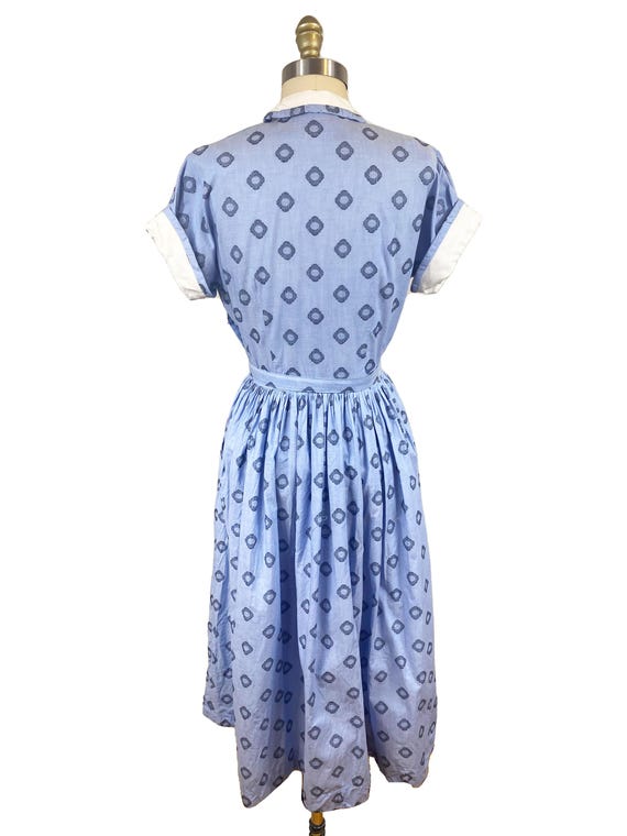 Vintage Early 1950s Late 1940s Blue Cotton Pattern Dr… - Gem