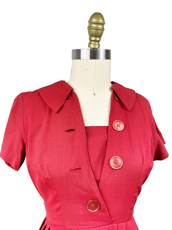 Vintage 1950s Red Button Front Front Dress - Pleated … - Gem