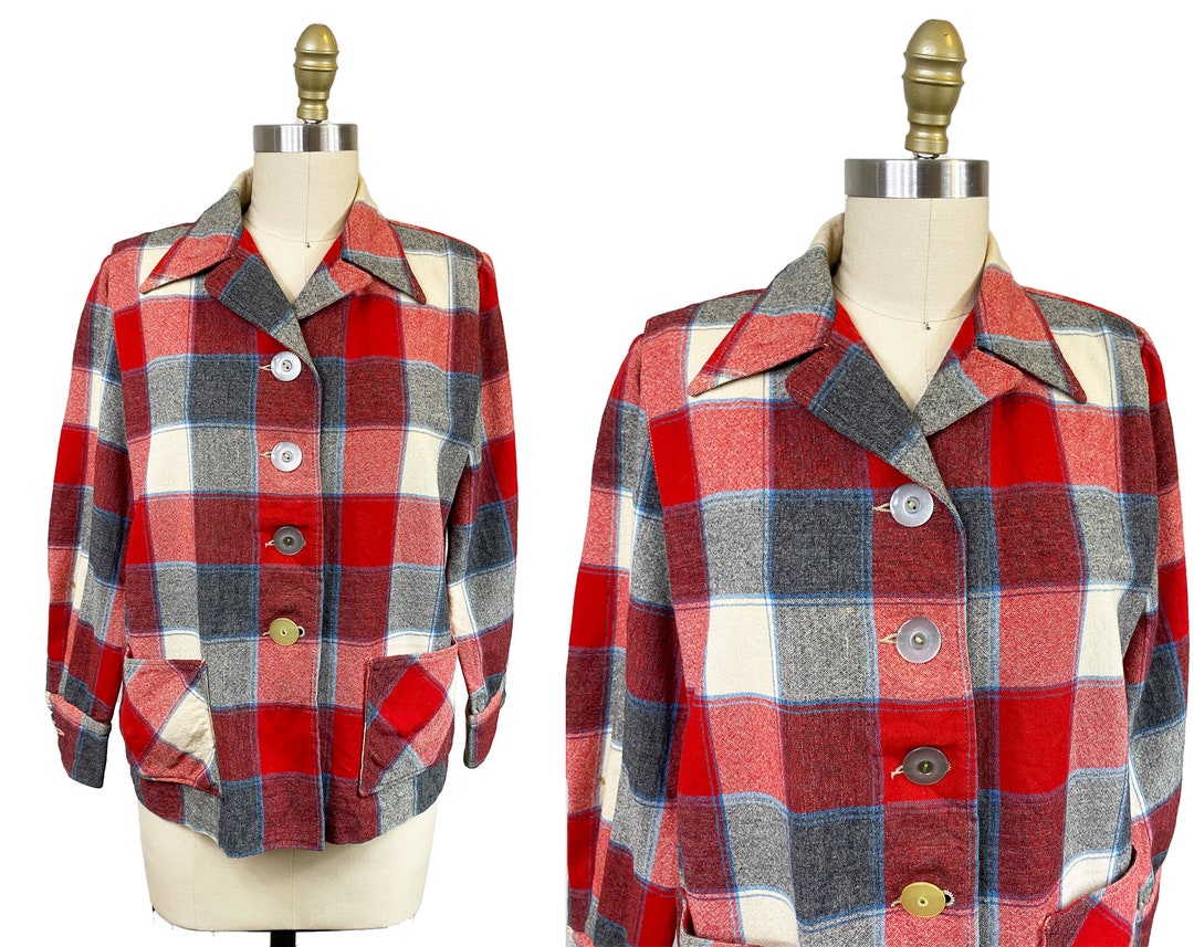 Vintage 1940s 49er Red White Blue Plaid Pendleton Inspired Jacket Workwear Shirt Jacket Size ...