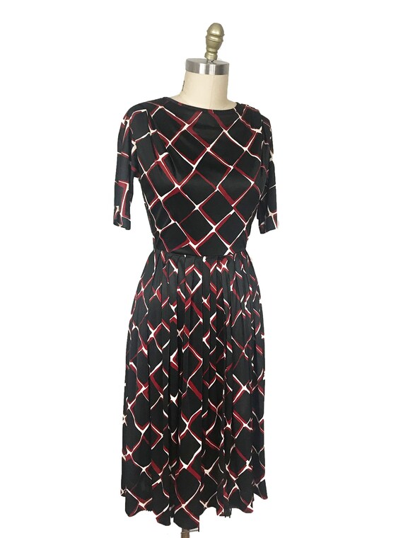 Vintage 1950s 1960s Black Red Diamond Print Dress - W… - Gem