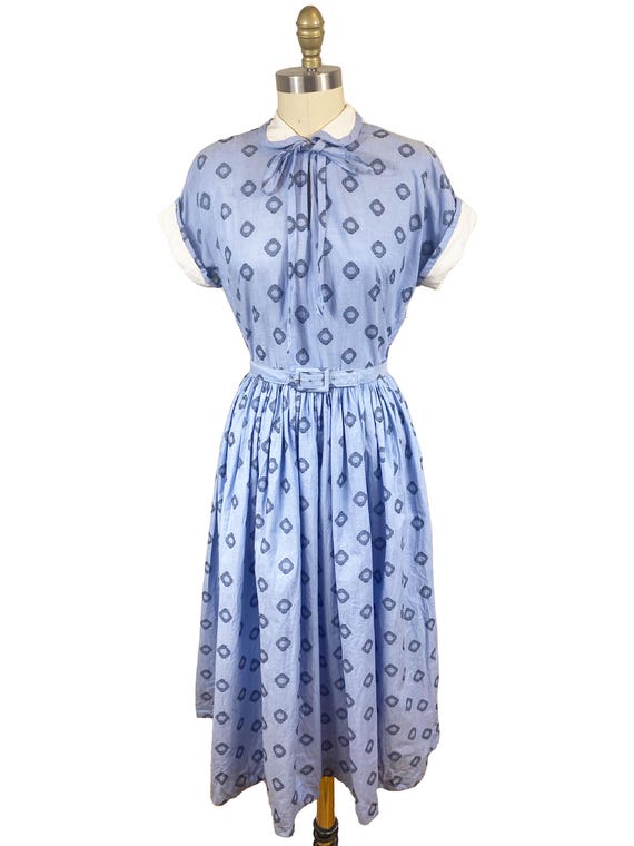 Vintage Early 1950s Late 1940s Blue Cotton Pattern Dr… - Gem