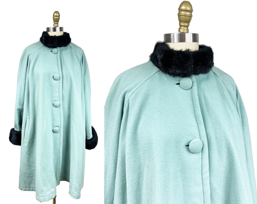 Vintage 1980s Does 1960s Blue Winter Swing Coat - Black Fake Fur Cuff ...