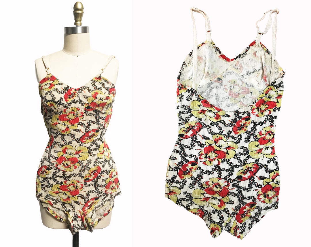 Vintage 1930s Knit Bathing Suit- Pattern One Piece Flower Orange Yellow ...