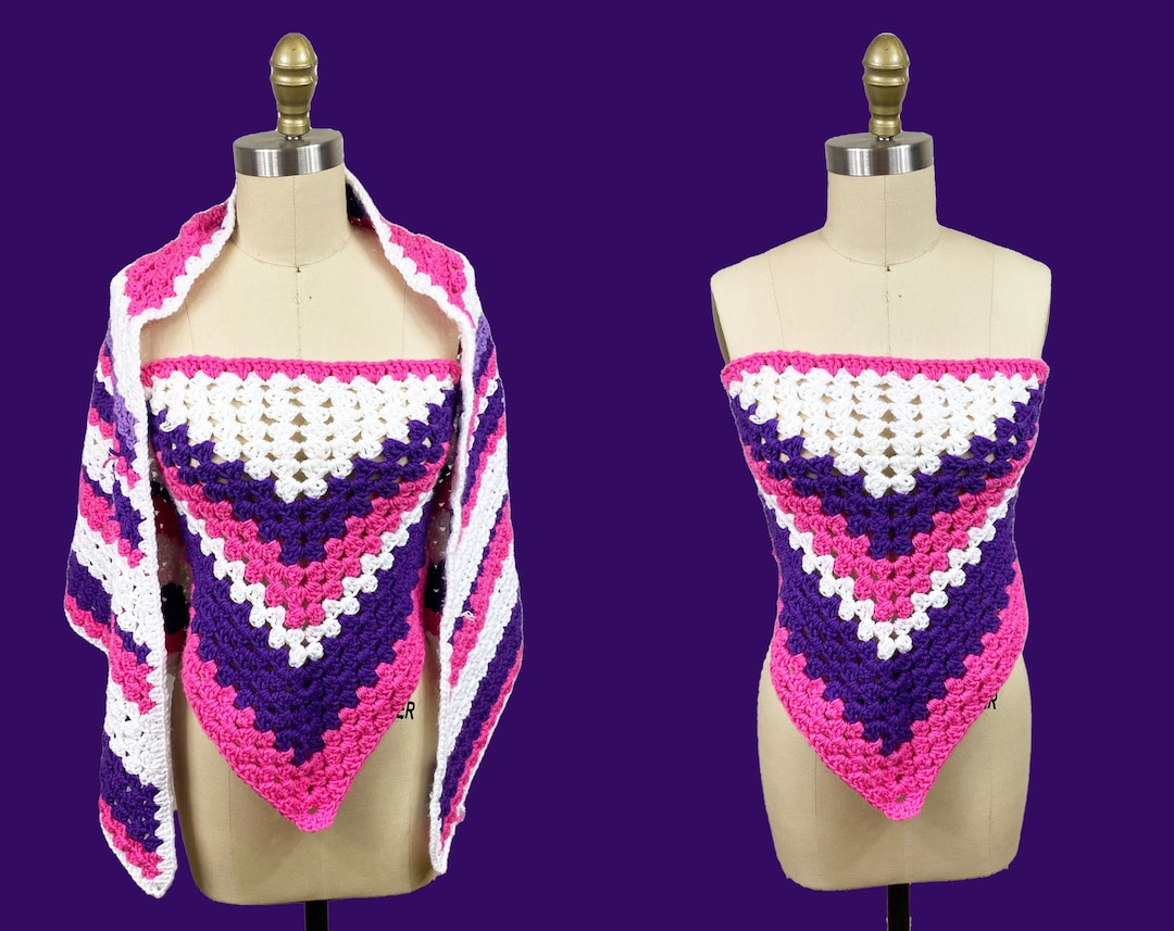 Vintage 1970s Knit Halter Top and Shawl - Crochet Purple Yellow White ...