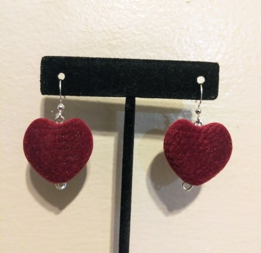 Red Velvet Beaded Heart Shaped Lovecore Dangle Earrings Date Night