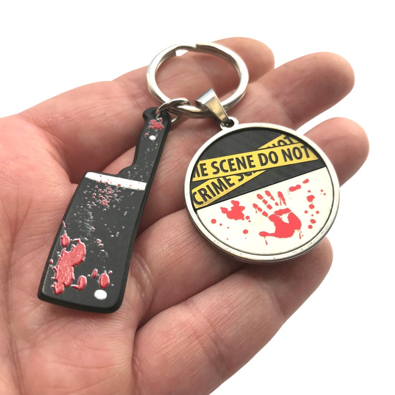 True Crime Keychain With Crime Scene Tape and Blood Spatter - Etsy
