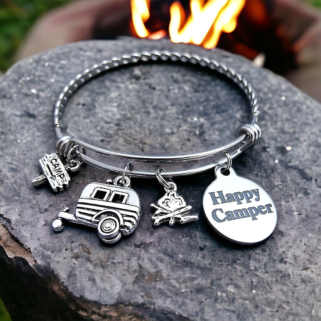 Camping Gift for Her Happy Camper Charm Bracelet Expandable Bangle ...
