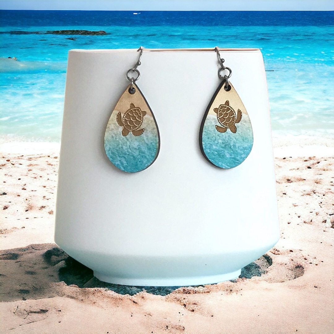 Sea Turtle Dangle Earrings Engraved on Ocean Waves and Sandy Beach ...