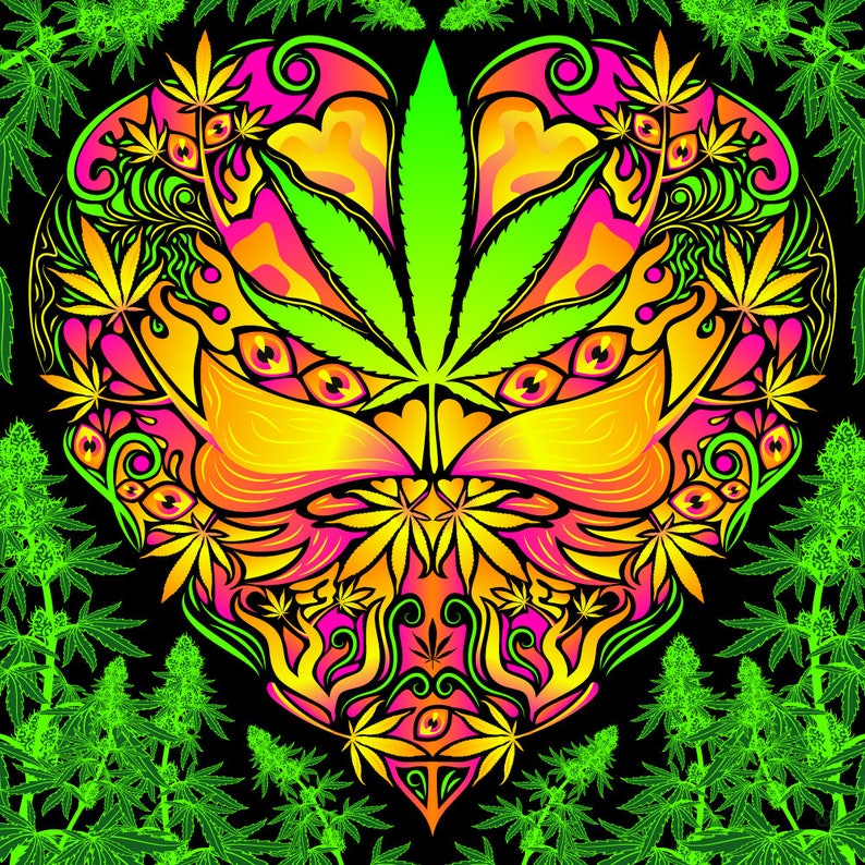 Trippy Tapestry Cannabis Love Psychedelic Fluorescent Uv Etsy