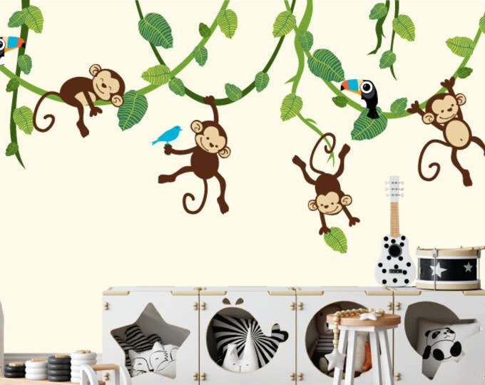 Hanging Monkey Wall Decal, Monkey Vines, Peel and Stick Monkey Decal ...