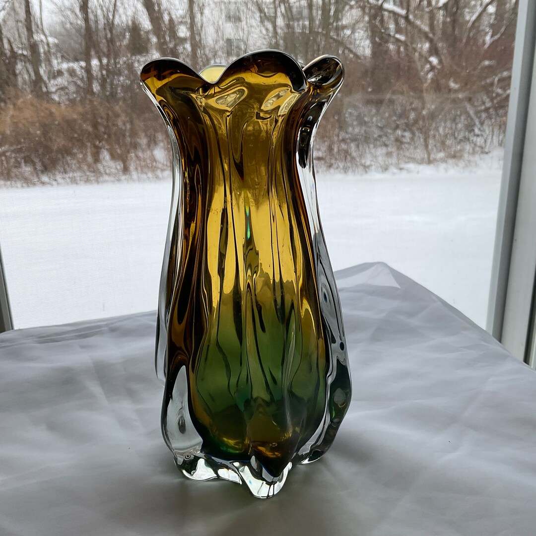Narumi Sanyu Fantasy Glass Vase Japan Ombré Amber and Deep Green Hues S ...