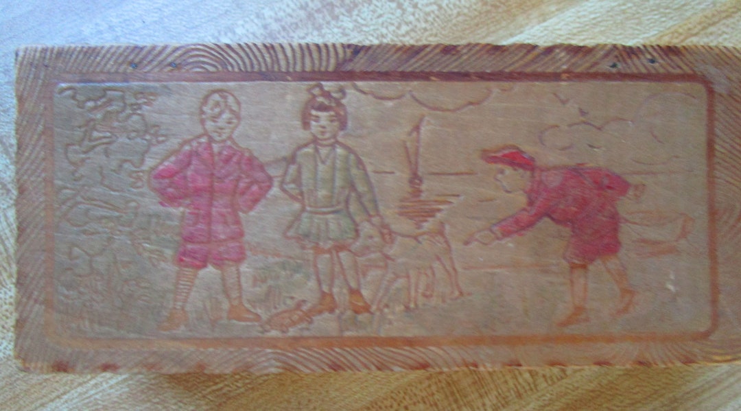 Beautiful Antique Flemish Pyrography Wood Childs Box- Great Graphics ...