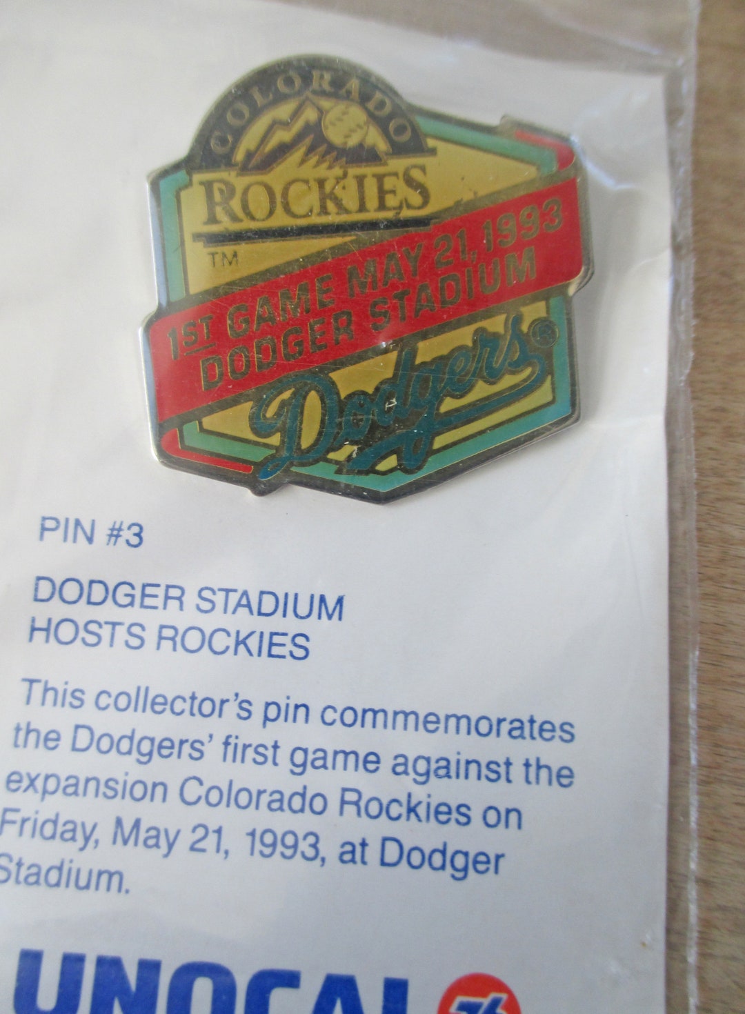 Vintage 1993 Unocal Dodger Pin NO. 3 - " Dodgers Stadium Hosts Rockies ...