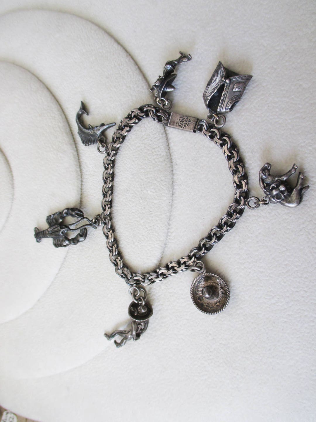 Vintage Sterling Mechoen Mexico FVM 925 Charm Bracelet With 7 Sterling ...