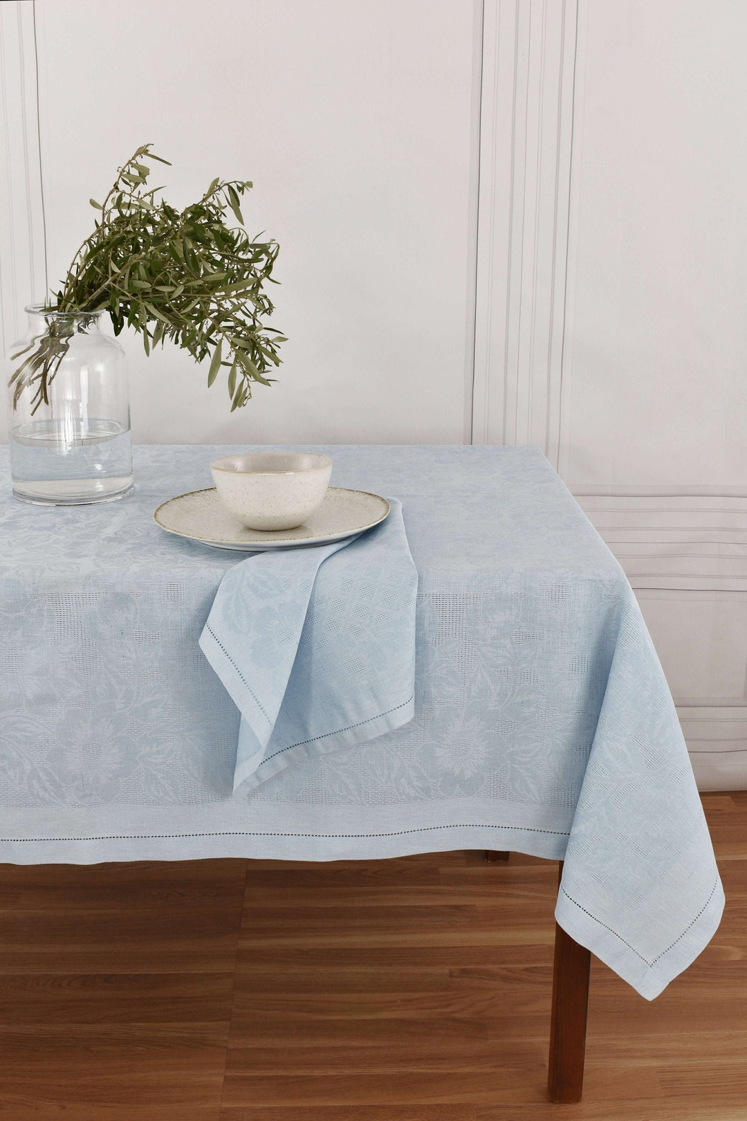 Sky Blue Rectangle Tablecloth. Floral Jacquard Table Cover Kitchen ...