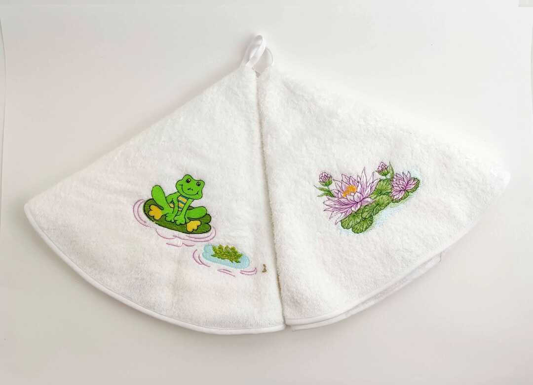Green Frog Hanging Hand Towel With Loop. Embroidered Water Lily Kitchen ...