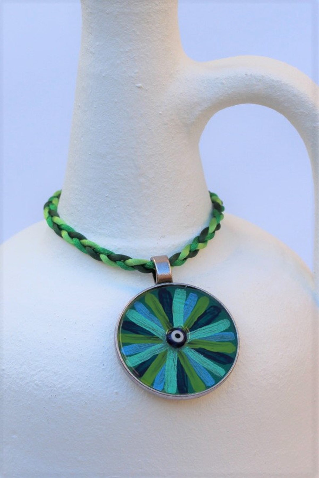 Ocean Color Necklace With Mati Talisman Eye in Chunky Round Pendant on ...