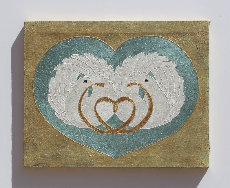 Original Painting With White Turtle Doves and Hearts Leaf Gold - Etsy
