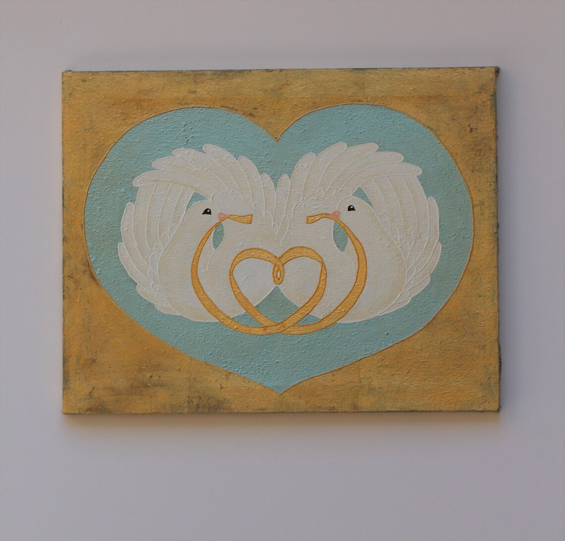 Original Painting With White Turtle Doves and Hearts Leaf Gold Gilded ...