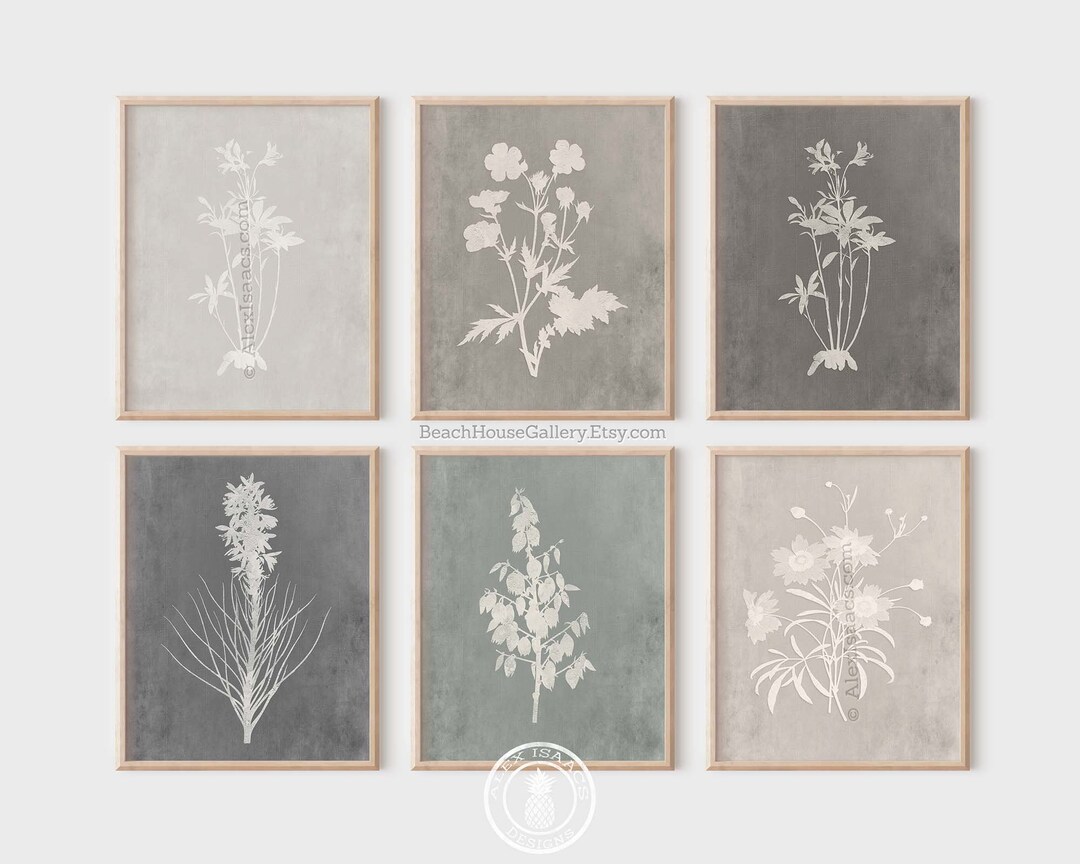 Gray Botanical Print Set Rustic Botanical Gray Living Room - Etsy