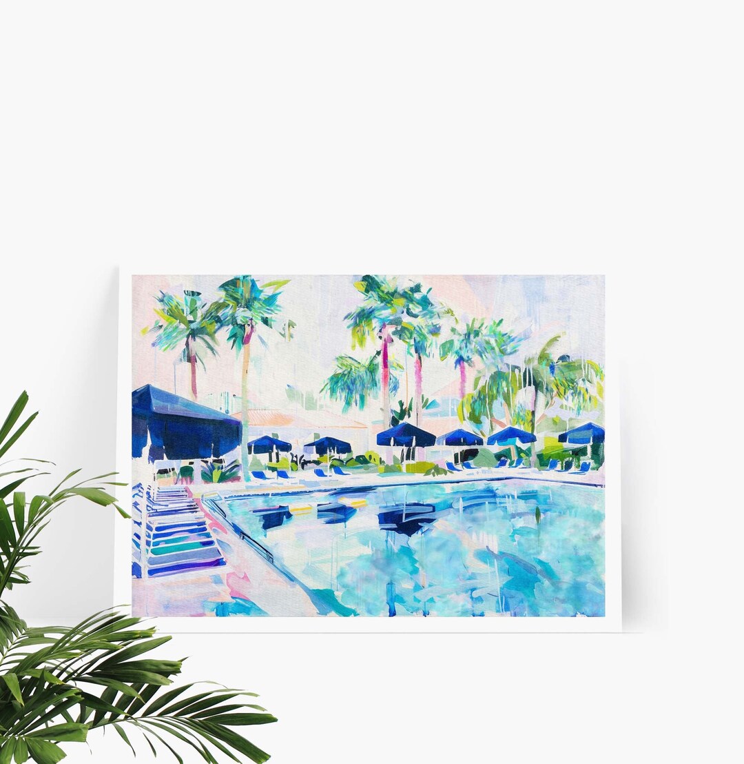 Tropical Poolside View Watercolor Painting Beach House Art Pool Wall ...