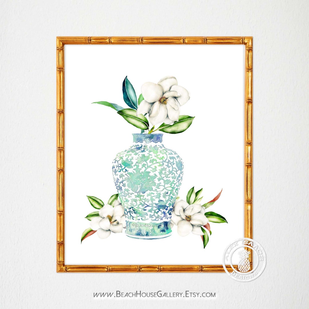 Ginger Jar Print With Flowers, Light Turquoise Wall Art, Chinoiserie ...
