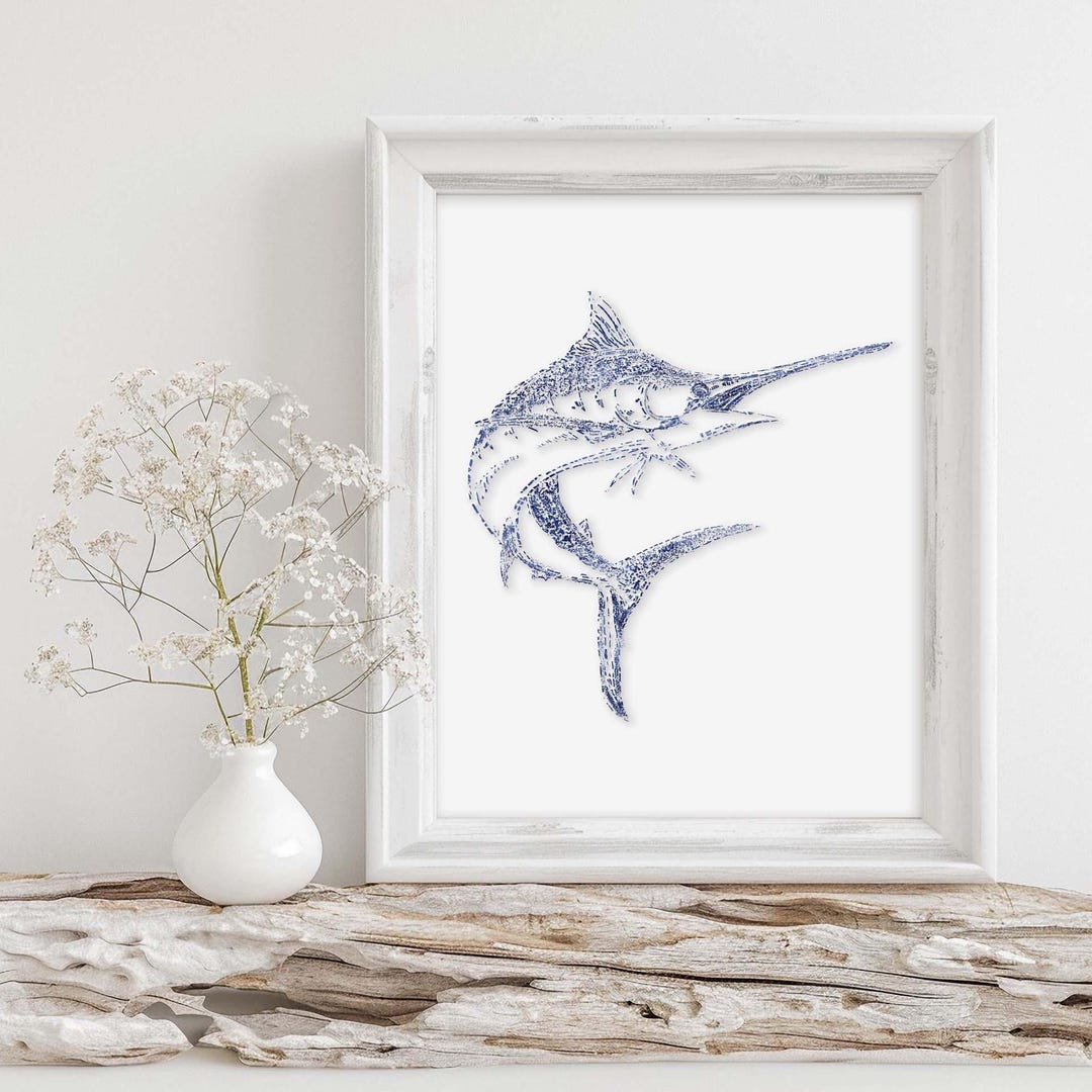 Blue Marlin Art Print: Stippled Nautical Illustration - Etsy