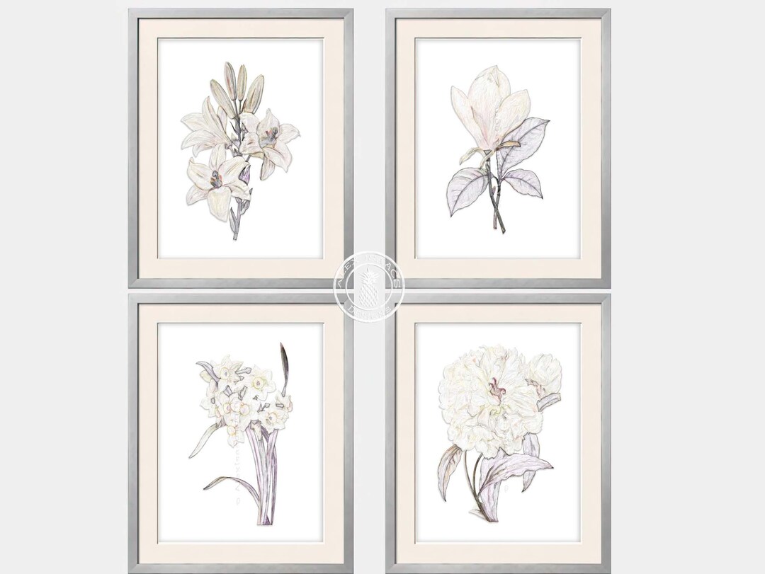 White Botanical Print, Minimalist Floral Print, White Flower Print ...