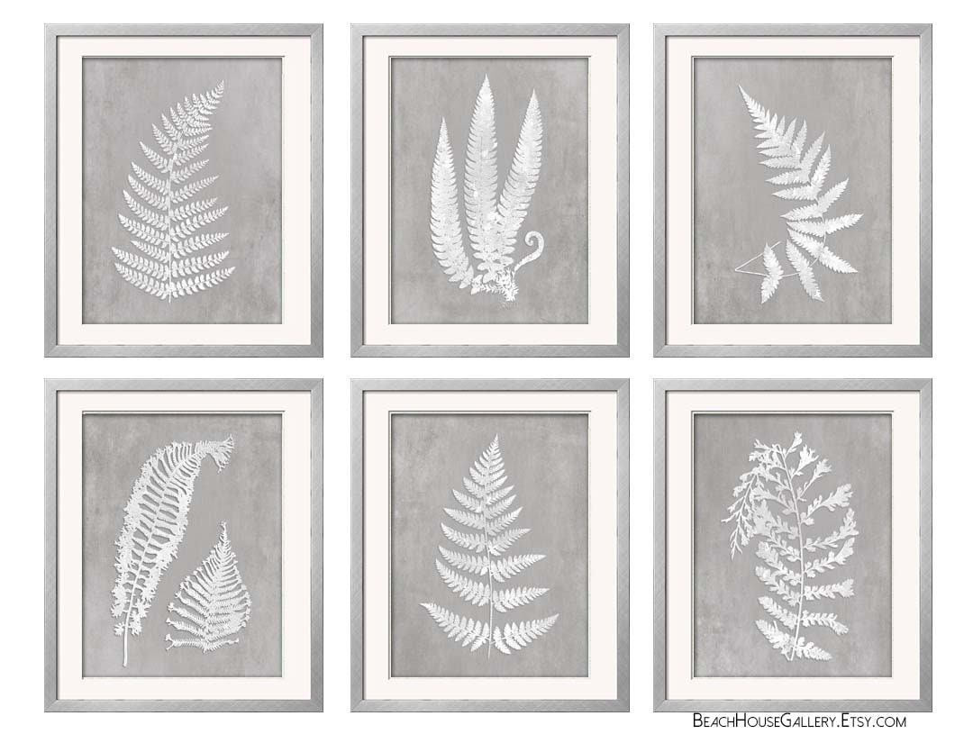 Gray White Wall Art, Fern Botanical Prints, Grey Wall Art, Grey Fern ...