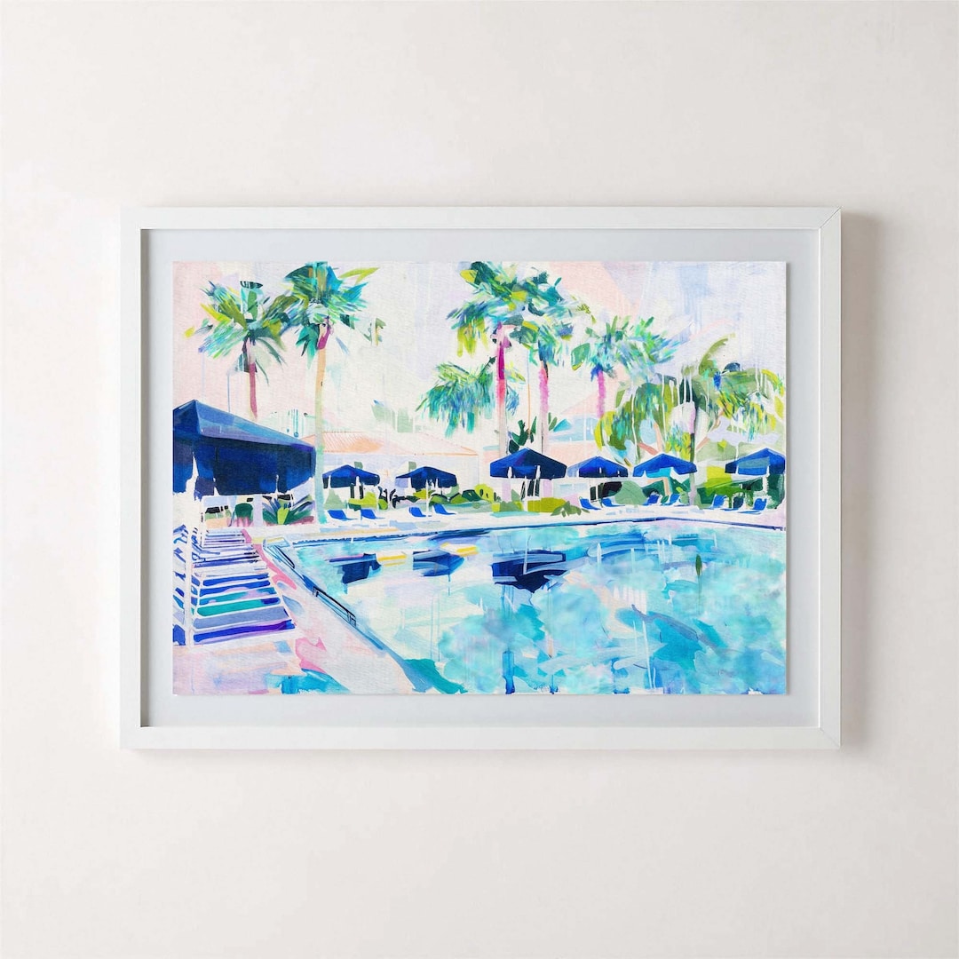 Tropical Poolside Watercolor Painting: Coastal Beach House Art - Etsy