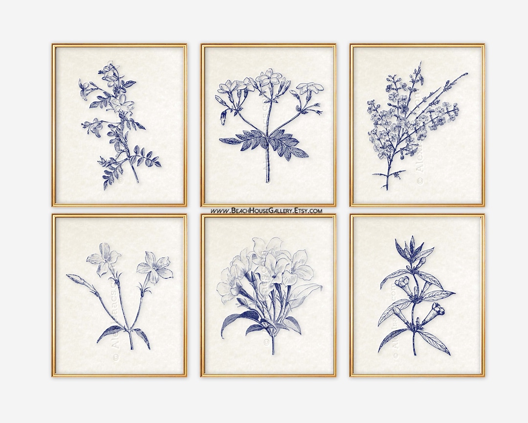 Blue Botanical Prints, Blue Wall Art, Vintage Botanical Prints, Custom ...