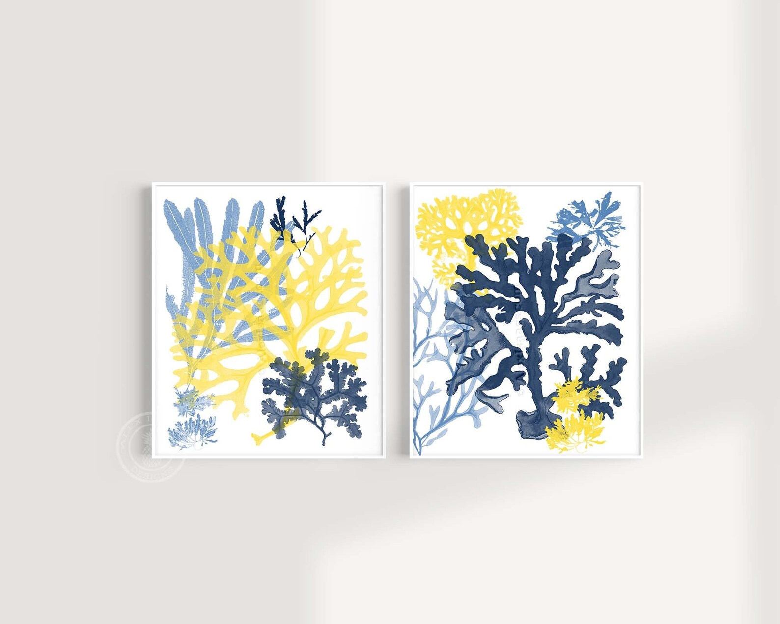 Navy Yellow Wall Art Navy Coral on White Blue Yellow Wall - Etsy