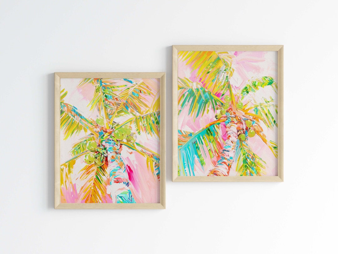 Tropical Palm Tree Art Prints: Pink & Green Beach House Decor (set of 2 ...