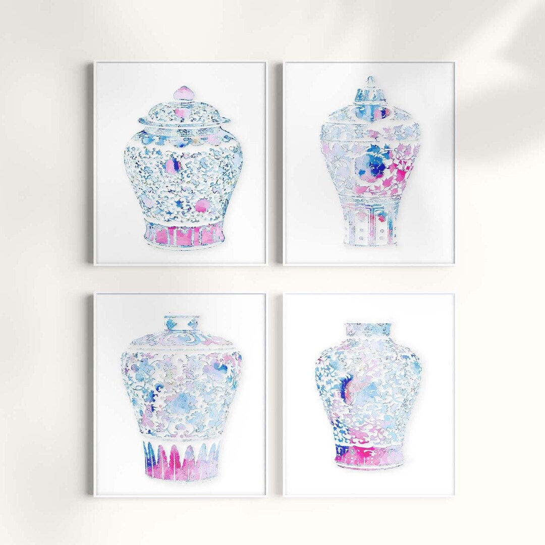 Preppy Chinoiserie Vase Wall Art Set – Bright Pink & Blue Ginger Jar ...