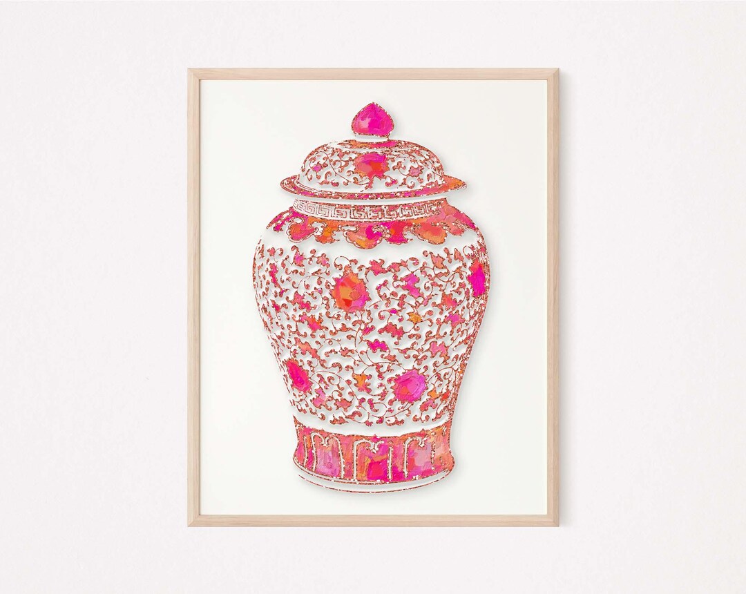 Hot Pink and Orange Ginger Jar Art Print: Tropical Chinoiserie Wall ...