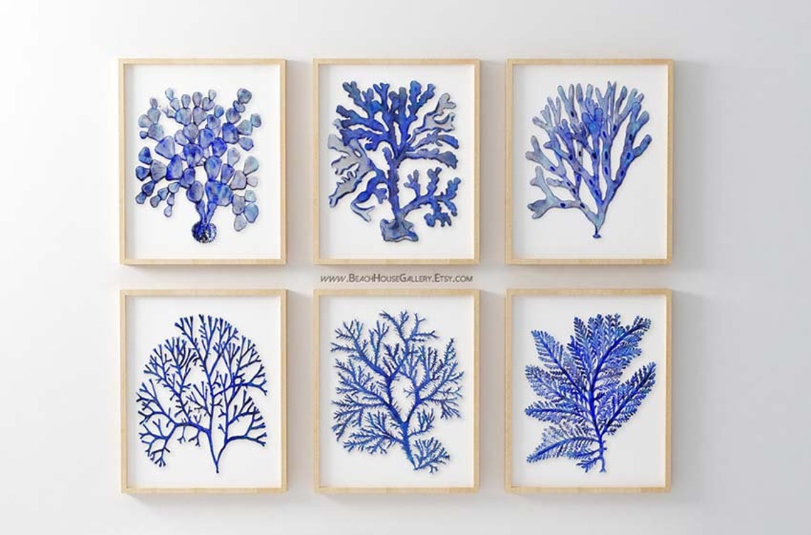 Cobalt Blue Wall Art Blue Sea Coral Prints Beach House | Etsy