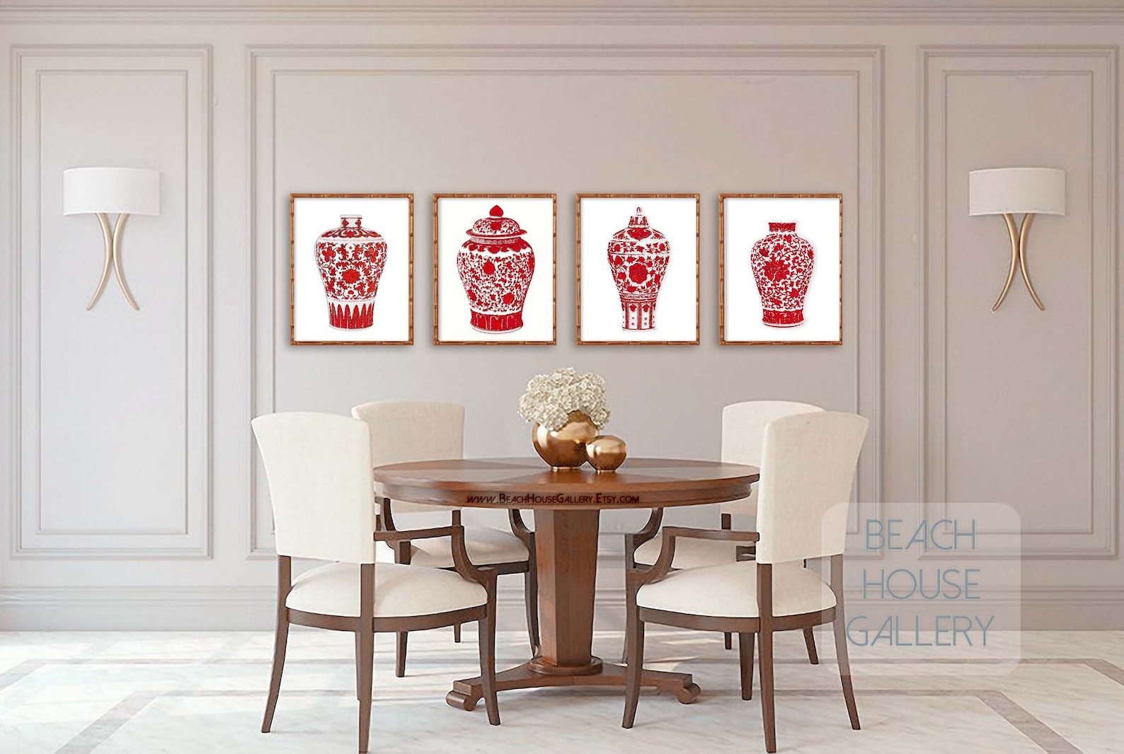 Red Ginger Jar Prints Set of 4 Chinoiserie Vases Preppy | Etsy