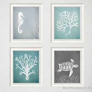 Teal Beach Decor, Teal Gray Wall Art, Teal Beach Theme Bathroom Art ...