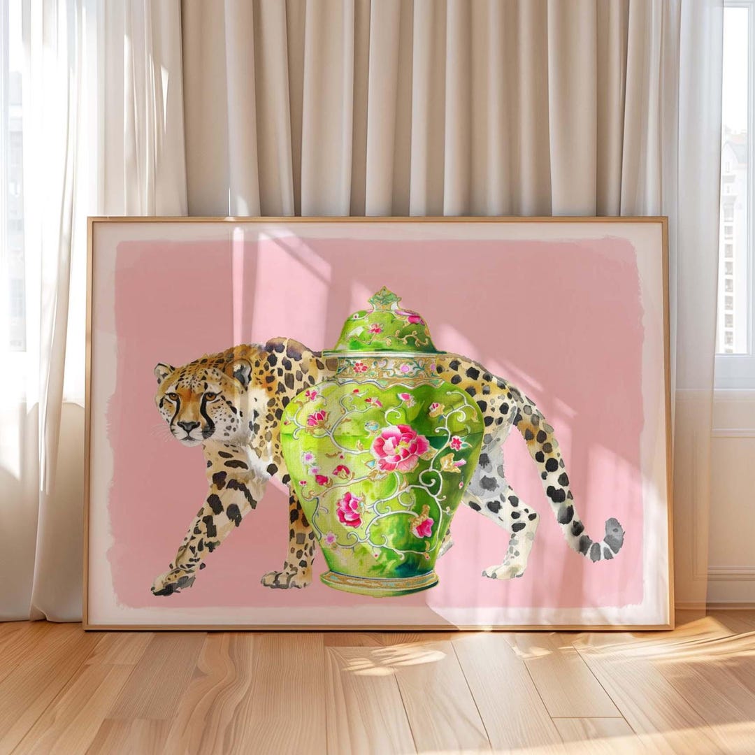 Cheetah Chinoiserie Print With Pink Watercolor Background | Hollywood ...